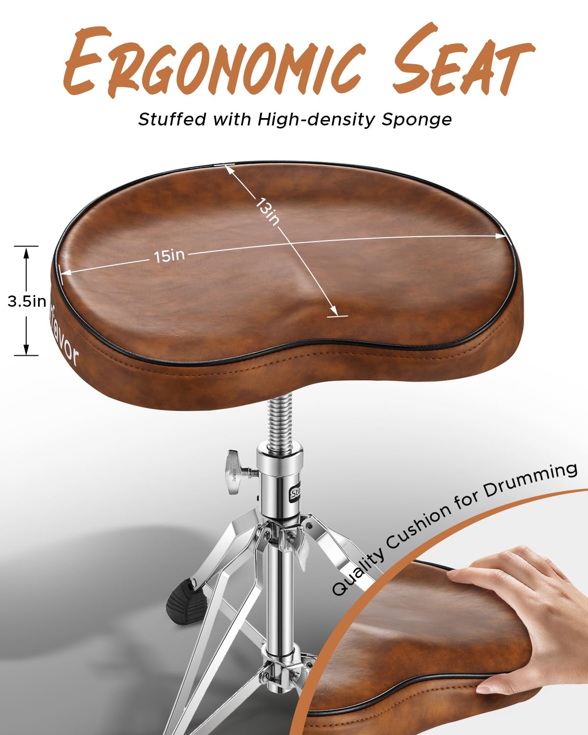 Starfavor Drum Throne Height Adjustable Padded Seat Drum Stool, with Double Braced Anti-Slip Feet Swivel Drum Chair, Butt Shape, Brown, ST-550BR