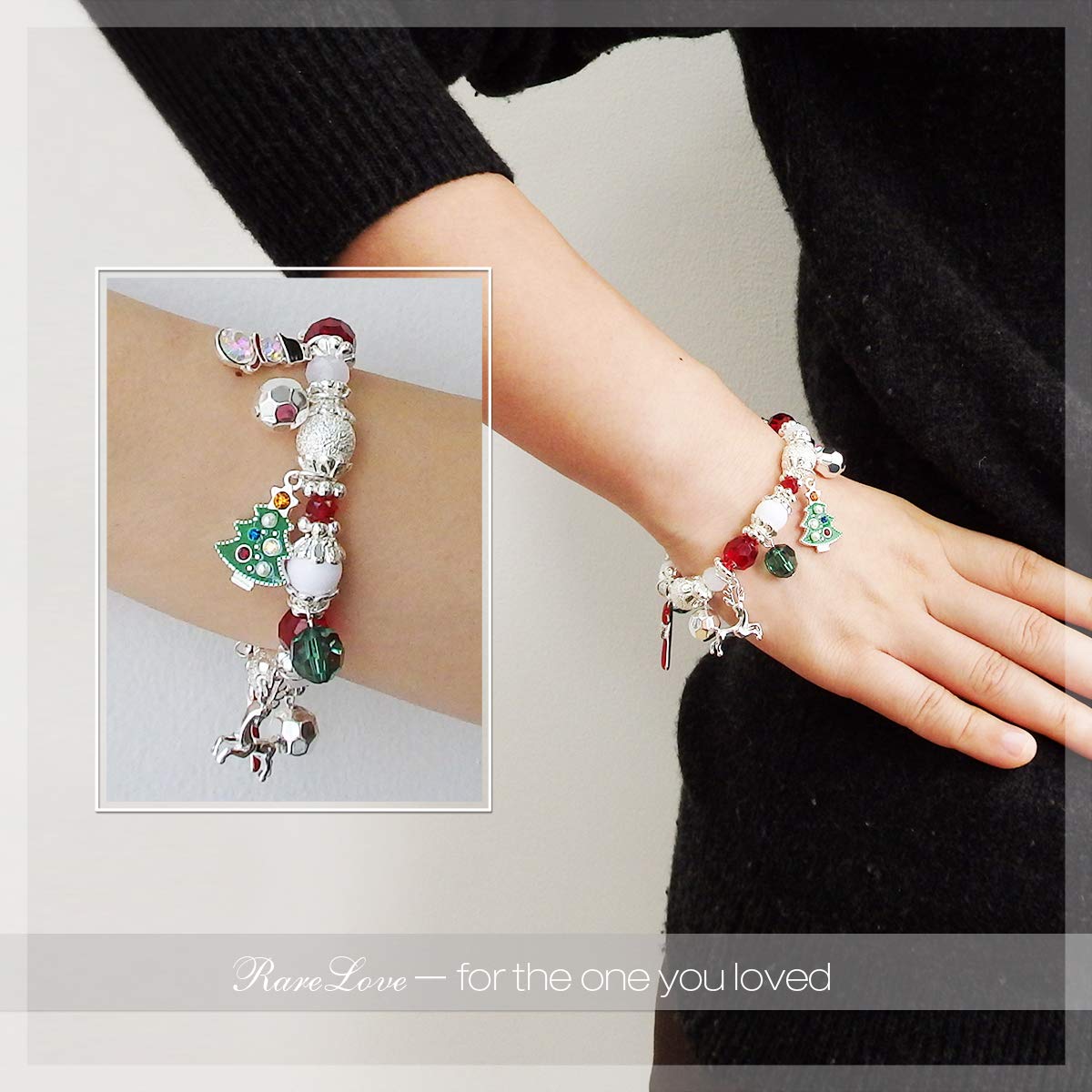 RareLove Christmas Snowflake Charm Beaded Bracelet Stretch Strand Elastic Crystal Silver Tone Dangle Xmas Tree Reindeer Women Girls Holiday Gift