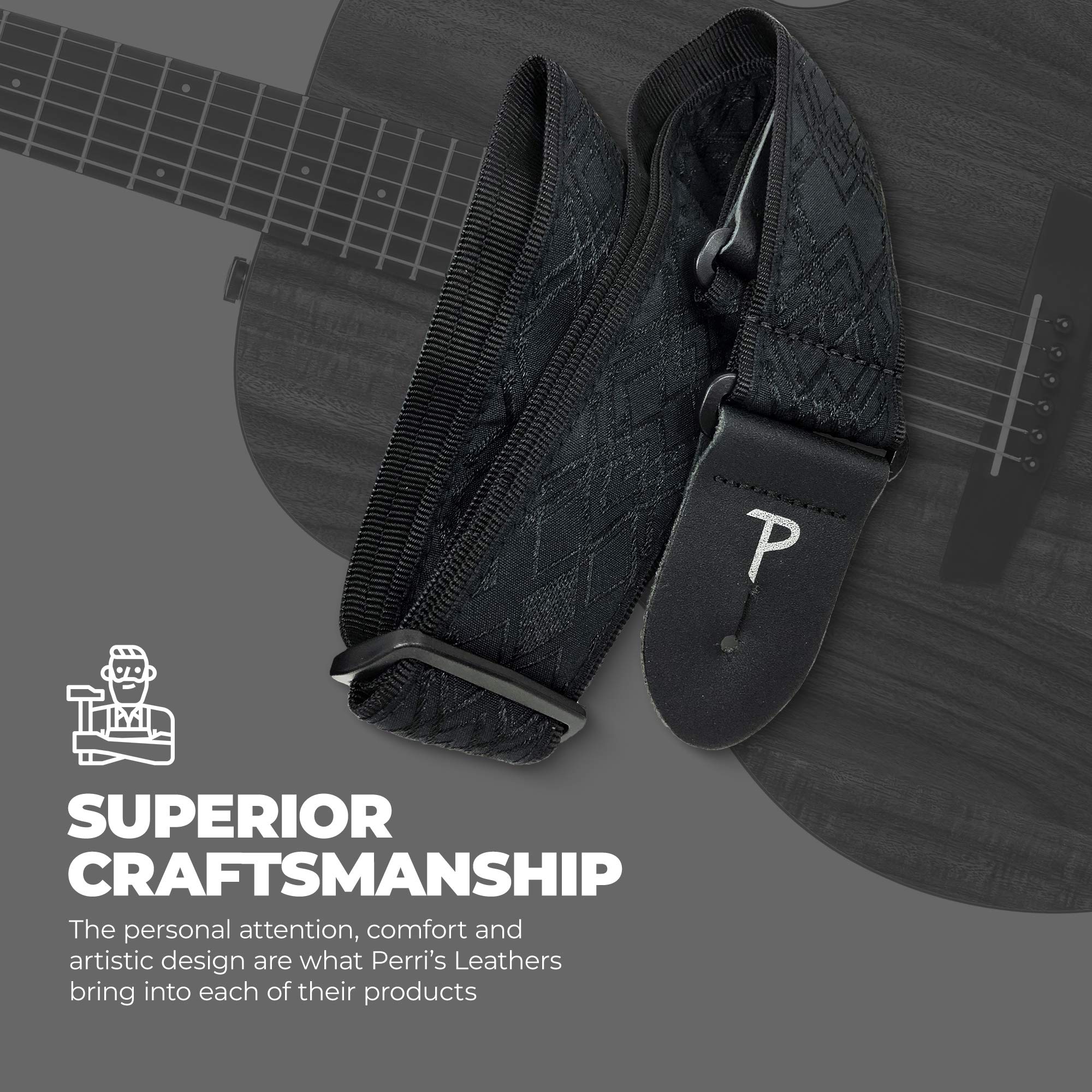 Perris Leather Guitar Strap - Satin Diamond Design Jacquard Ribbon Guitar Strap, with Leather Ends - Electric/Acoustic/Bass Guitar Strap - Adjustable Strap From 39″ to 58″ - Black (TWS-6542)