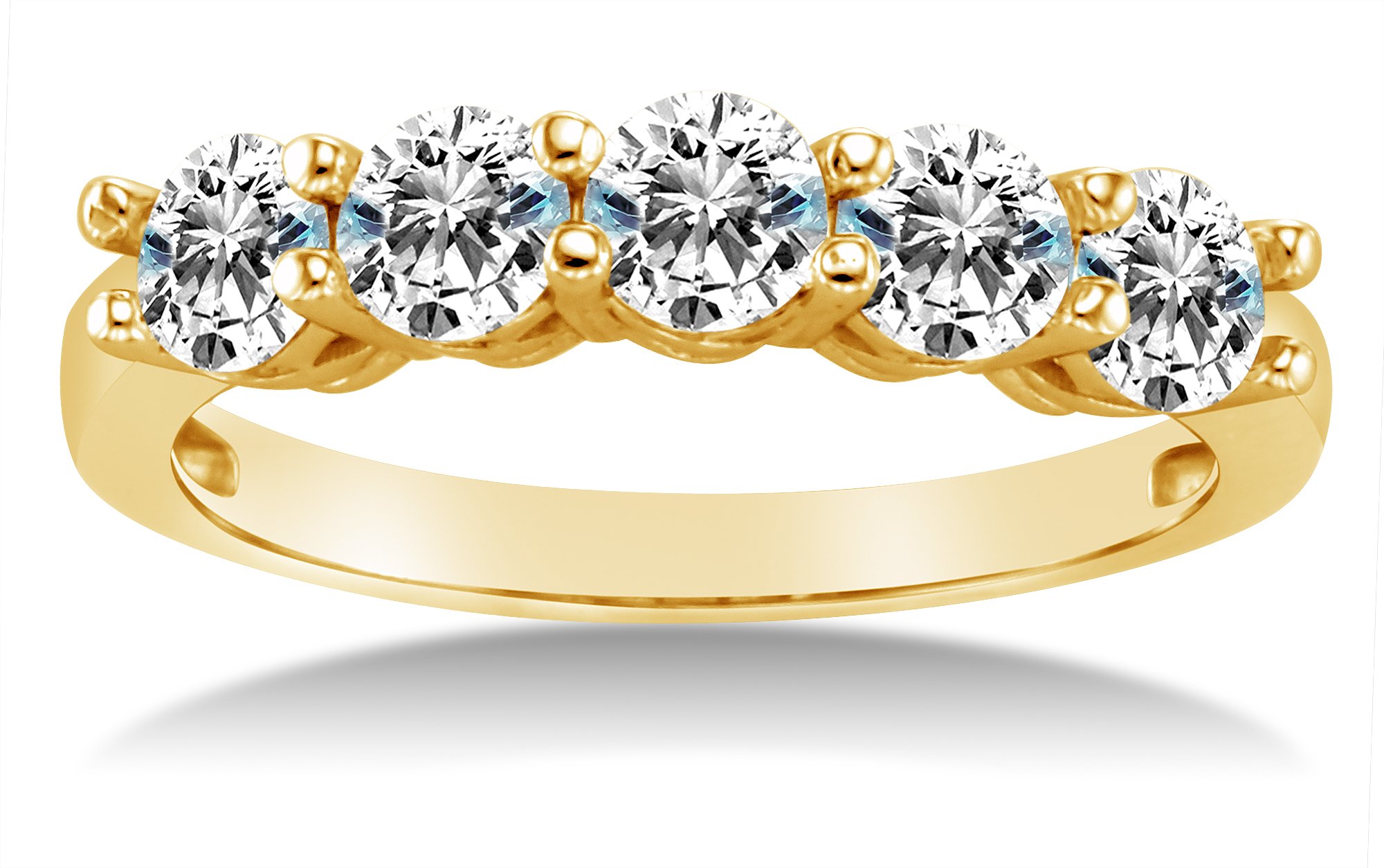 Size 9-2.5mm Solid 14K Yellow Gold Round Cut CZ Cubic Zirconia Five 5 Stone Womens Ladies Classic Traditional Wedding Band Ring (2.0 cttw.)