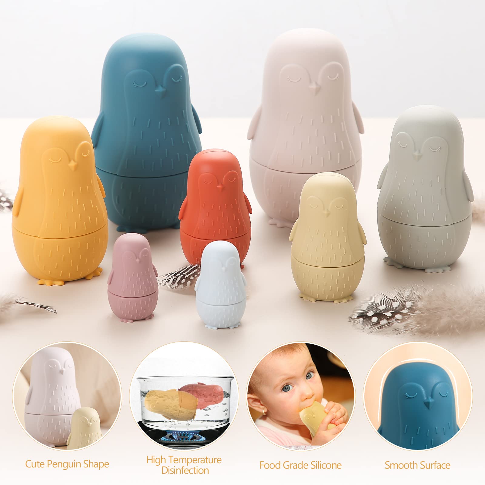 Youuys Russian Nesting Dolls Silicone Matryoshka Doll 4 Pcs Penguin Shape Stacking Nesting Dolls Montessori Educational Toy Set for Kids Toddlers