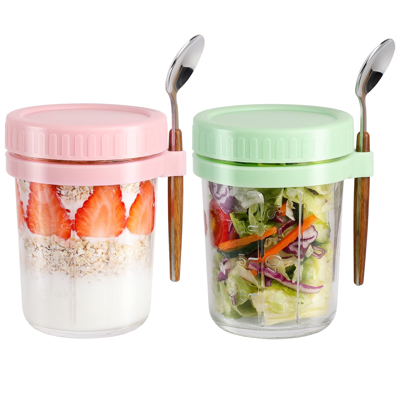 SUREHOME Overnight Oats Containers with Lids and Spoon, 16 Oz Glass Mason Jars for overnight oats oatmeal container to go meal prep jars with Measurement Marks for Pudding Milk Cereal Salad (2 Pack)