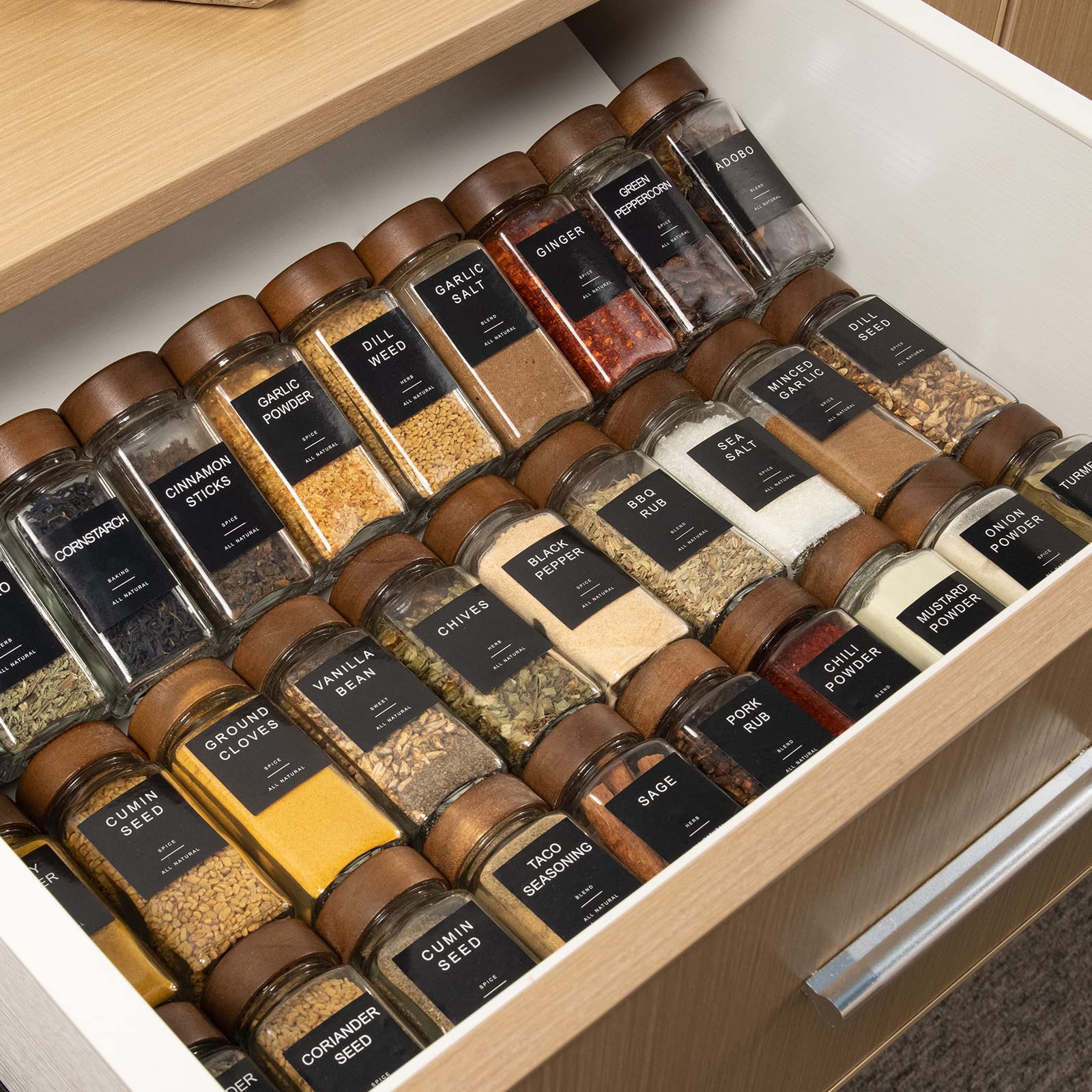 Yangbaga 35Pcs Glass Spice Jars with Labels，4oz Empty Square Spice Bottles with acacia wood lid & Shaker Lids and Silicone Collapsible Funnel Included
