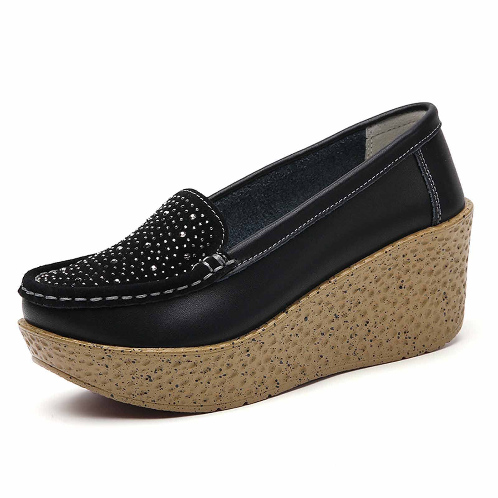 Women's Platform Wedge Slip-On Loafers,Rhinestone Comfortable Walking Shoes,Genuine Leather Fashion Wedge Sneakers (Black,7)