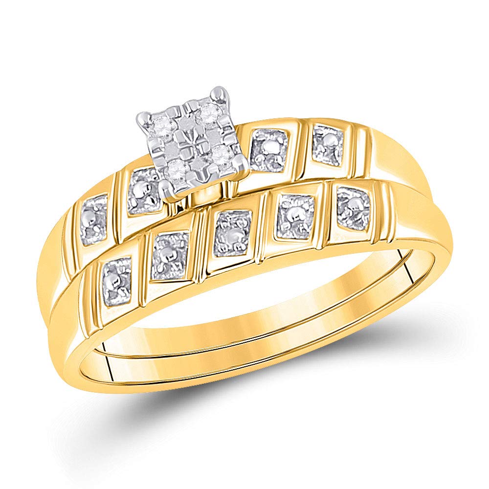 Sizes - L = 7.5, M = 11 - 10k Yellow Gold Diamond Round Center Wedding Mens And Ladies Couple His & Hers Trio 3 Three Ring Bridal Matching Engagement Wedding Ring Band Set (0.08 cttw.) - Please use drop down menu to select your desired ring sizes