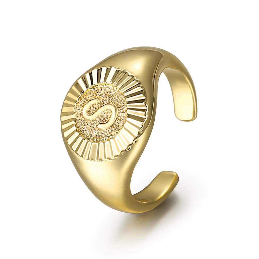 Trendsmax Chic Gold Plated Initial Letter S Signet Statement Open Band Ring for Women Girls Stylish Knuckle Stackable Party Open Ring Size 7.5