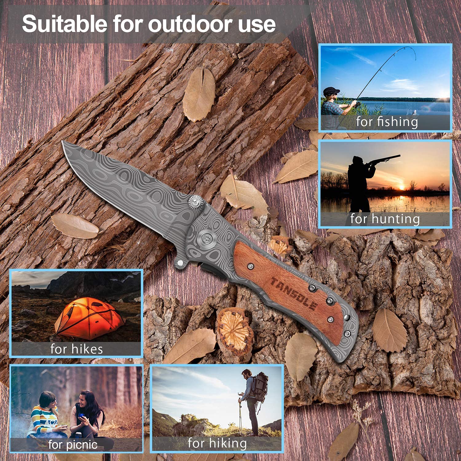 TANSOLE Pocket Folding Knife with waist bag for Outdoor Camping Hunting knives