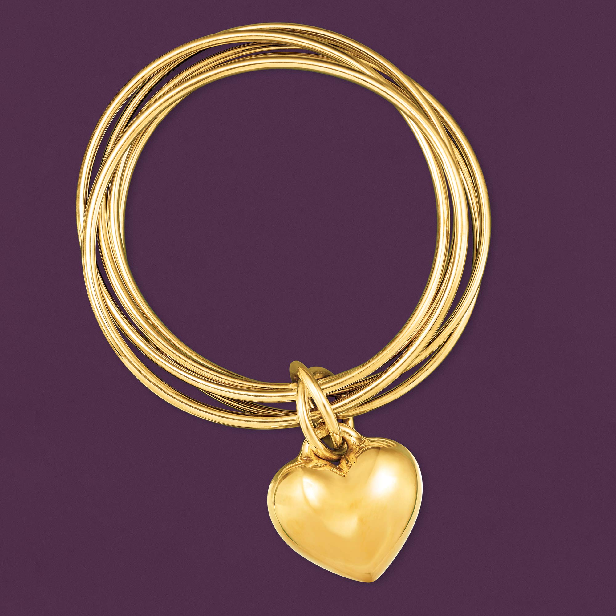 Ross-Simons Italian Andiamo 14kt Yellow Gold Over Resin Heart Charm Multi-Bangle Bracelet. 7.5 inches