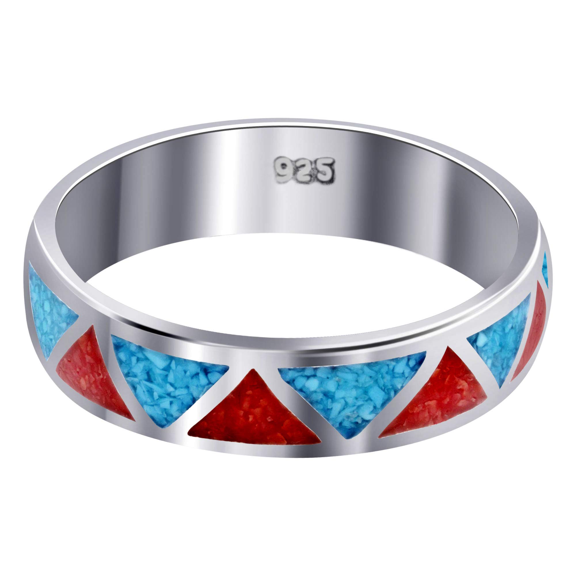 Southwestern Style Turquoise and Coral Gemstone 6mm Wedding Band 925 Sterling Silver Unisex Ring for Women Size 14.5