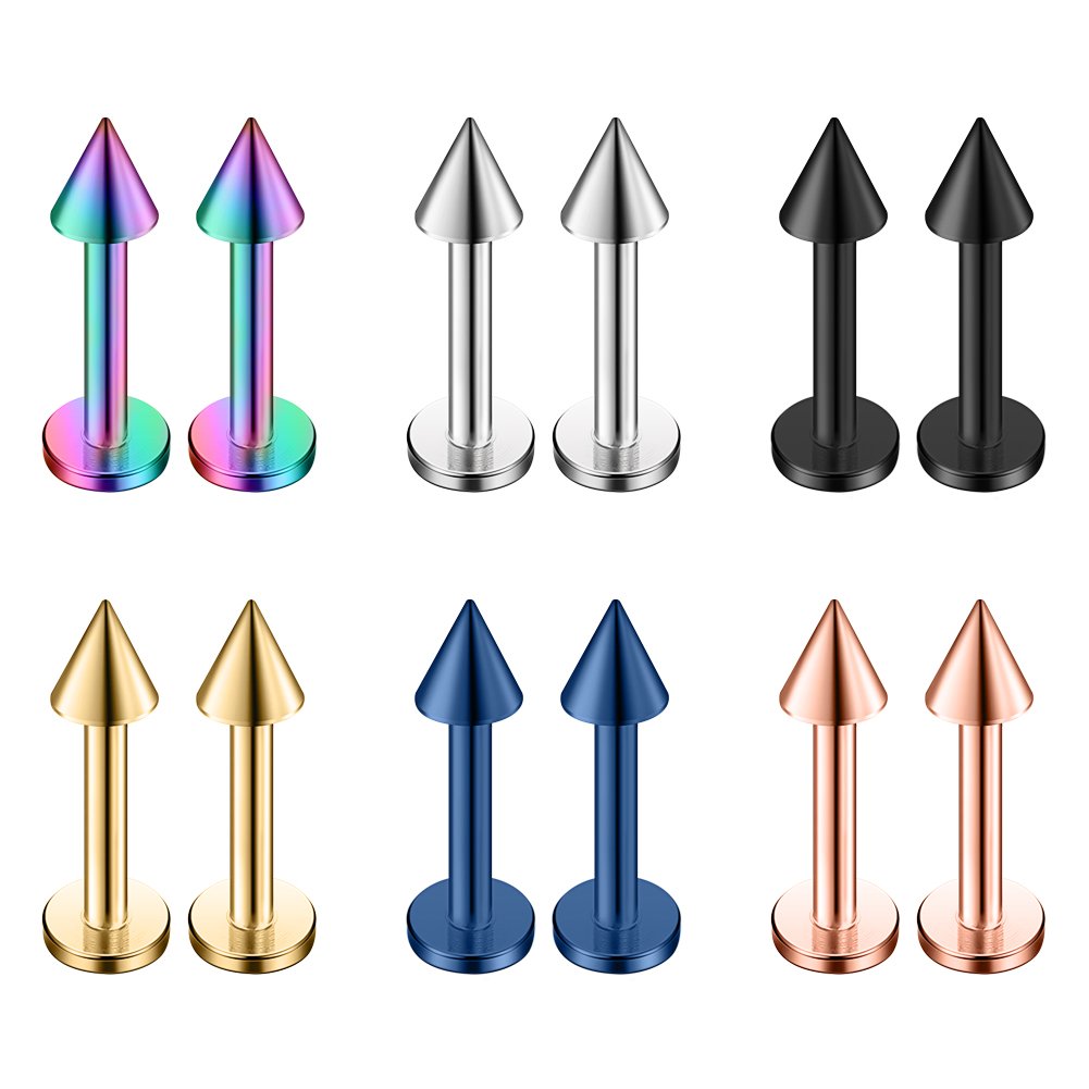 Ruifan 12PCS Assorted Colors Stainless Steel Spike Labret Monroe Lip Ring/Tragus/Helix Earring Stud Barbell Body Piercing Jewelry 20G 6mm