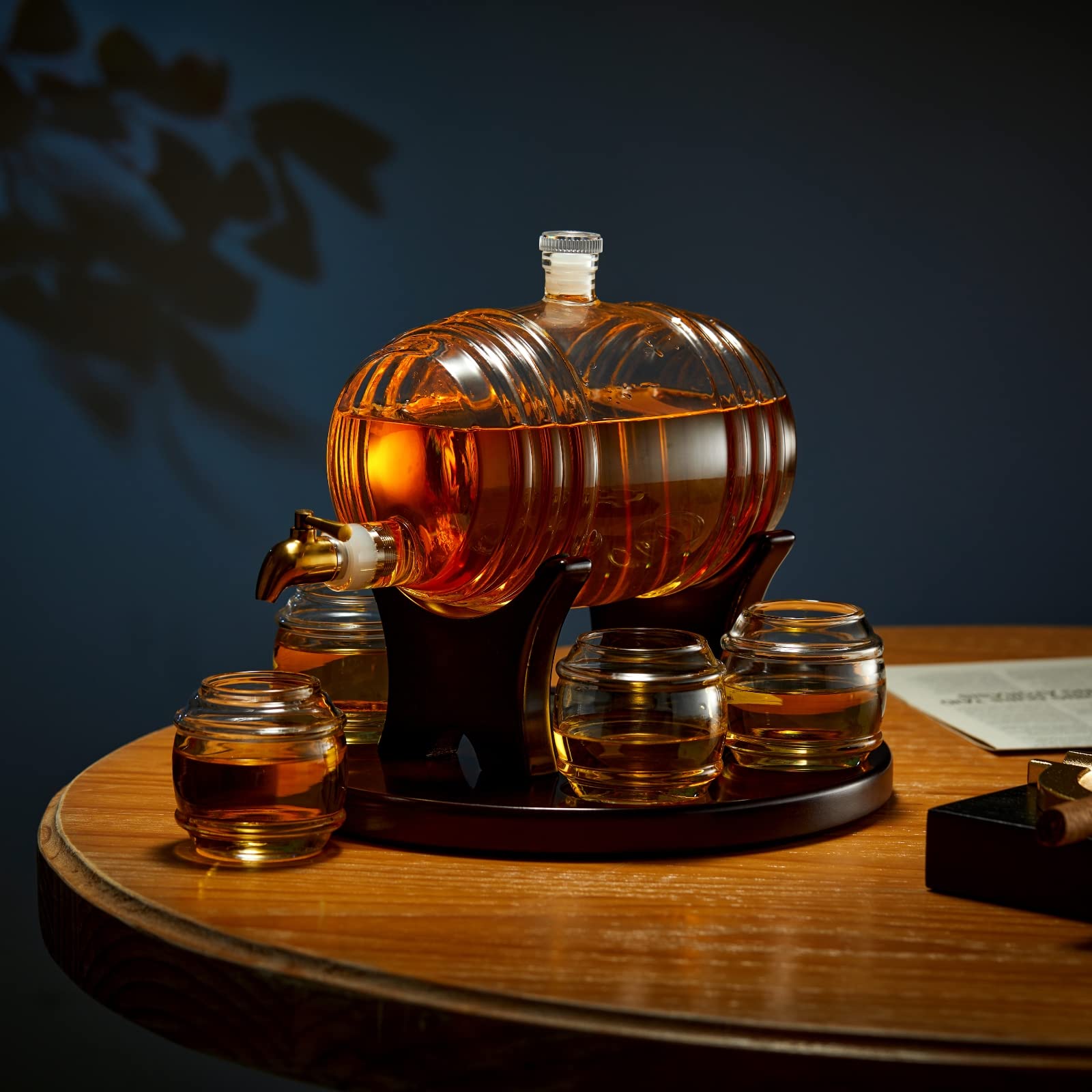 Whiskey Barrel Decanter Set - Liquor Dispenser Birthday Valentine's Day Gifts Ideas for Men Husband - 1350ML Decanter with 4 Whiskey Glasses for Alcohol, Bourbon, Scotch, Vodka, Tequila, Wine
