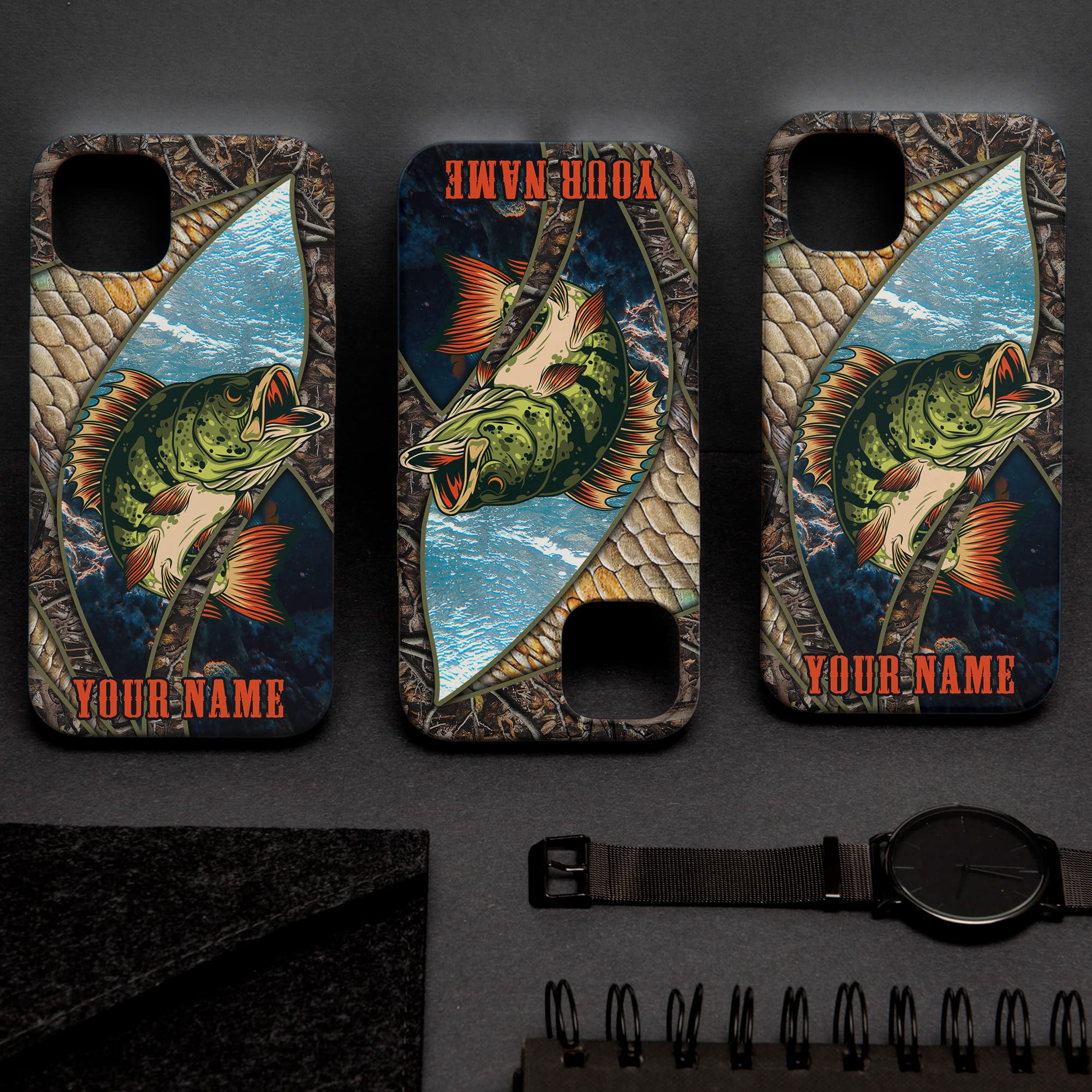 Personalized Bass Fish Fishermen Phone Case Custom Name Bass Fishing Leather Pattern Cute Protective Cover Customized Compatible with iPhone 14 12 13 11 Promax Samsung s23 s22 s21 s20 s10 Ultra