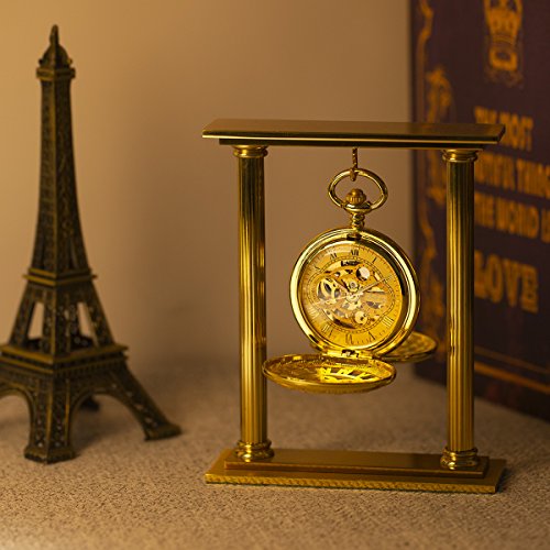 SIBOSUN Pocket Watch Skeleton Mechanical Double Case Hand-Wind Bronze Roman Numerals Antique Chain Mens
