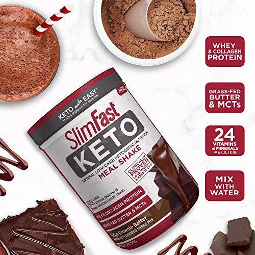 SlimFast Keto Meal Replacement Powder, Fudge Brownie Batter, Low Carb with Whey & Collagen Protein, 10 Servings