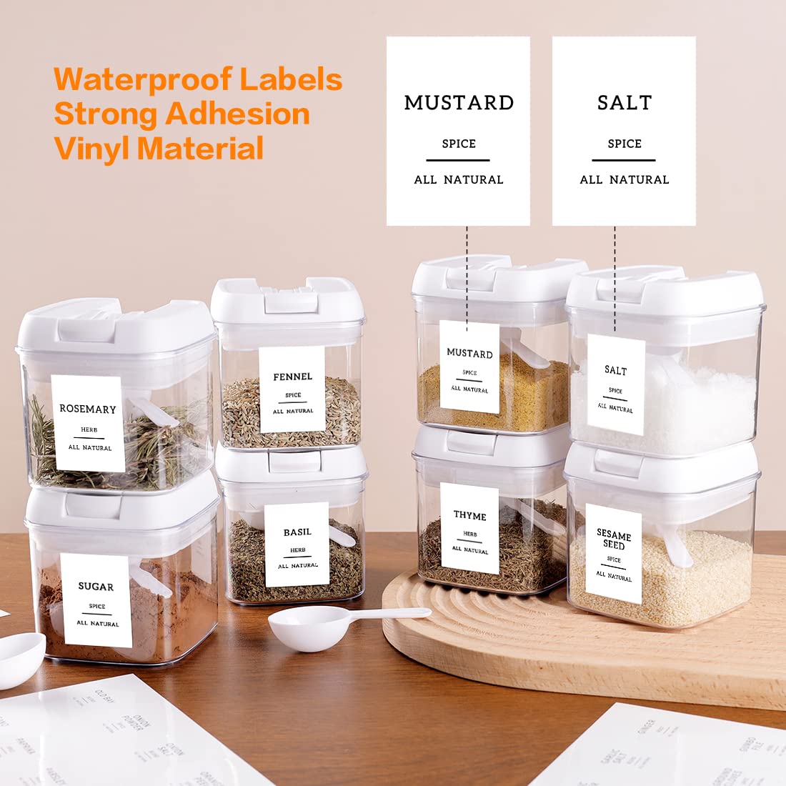 XOTAISM Seasoning Containers with Labels - 9 Pcs Big Plastic Spice Storage Containers with 148 Spice Labels and 9 Spoons - Square Stackable Kitchen Small Airtight Food Storage Containers with Lids
