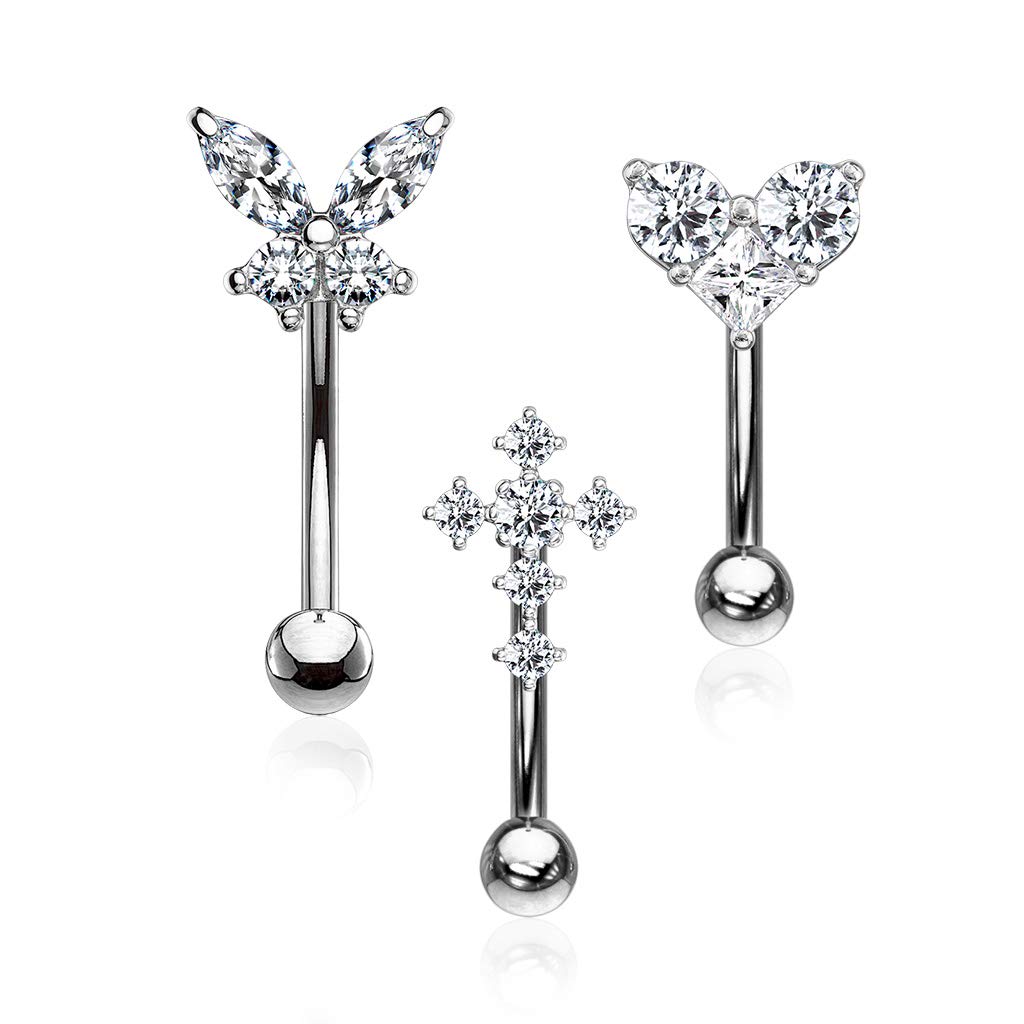 WILDKLASS 3 Pcs 316L Surgical Steel Curved Barbells/Eyebrow Rings Gem Box Package (Clear)