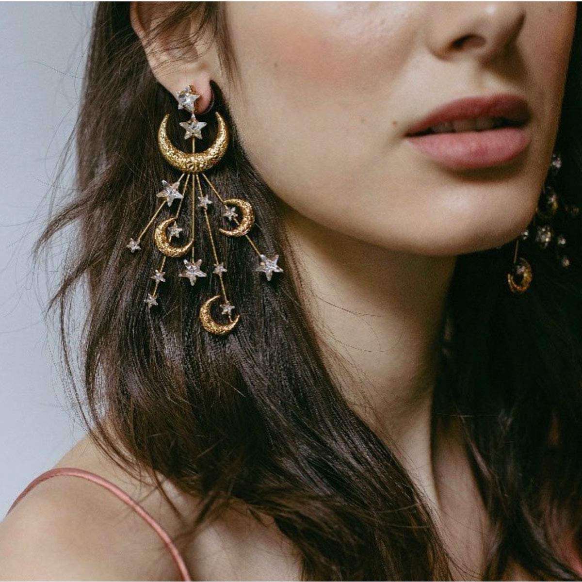Star Moon Earrings Made Swarovski Crystal Gold Plated Crescent Moon Stars Drop Dangle Earrings Chunky Statement Star Earrings for Women Trendy Jewelry Gift
