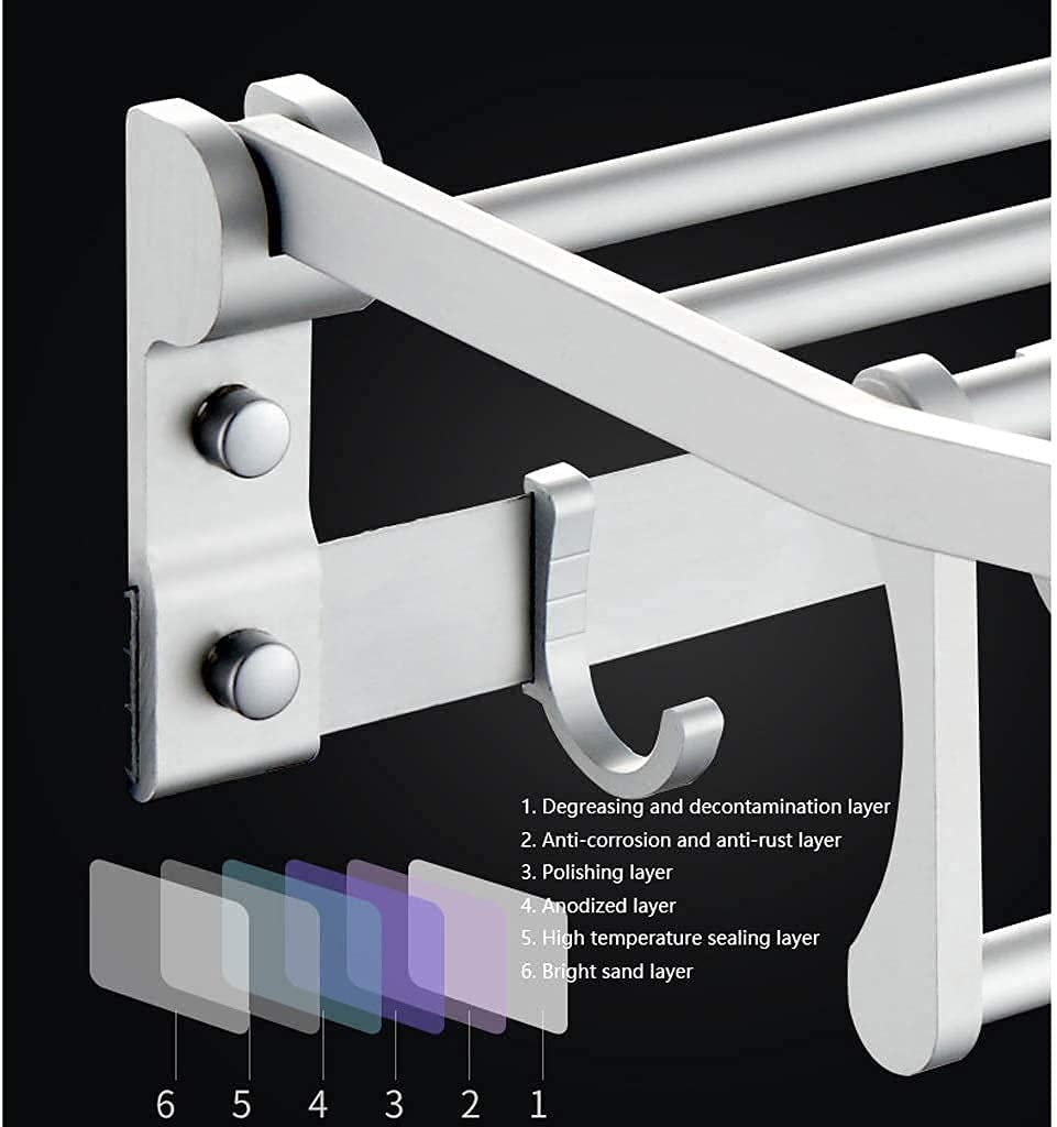 RAUGAJ Towel Rack Towel Rails Wall Bathroom Stand Towel Bar Aluminum Towel Rack Foldable Towel Holder Mounted Storage Shelf with 5 Movable Hooks Bathroom Towel Shelf/50Cm
