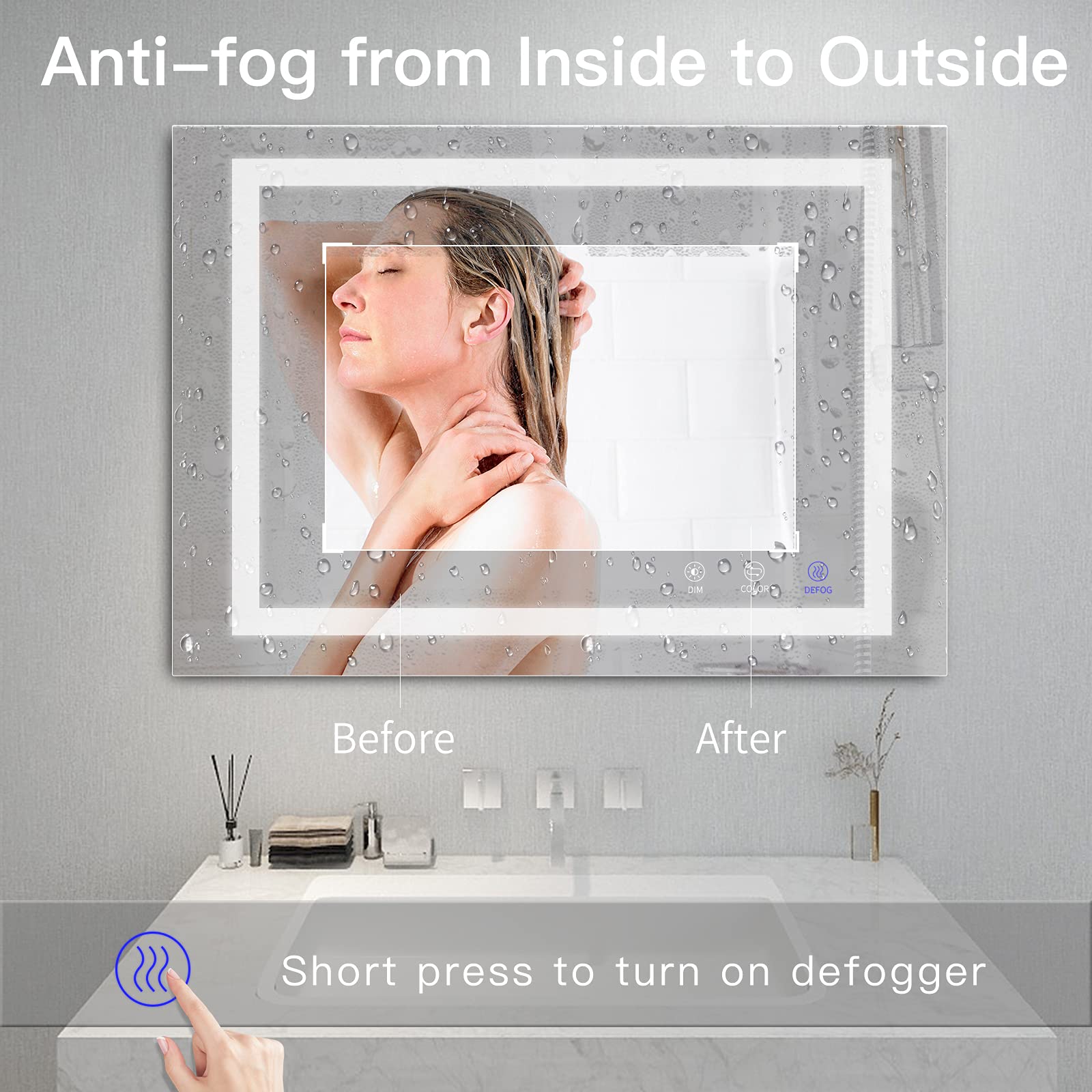 TATU LED Bathroom Mirror,36x28 Inch Bathroom Vanity Mirror Wall Mounted with 3000K-6000K Adjustable, Anti-Fog, Smart Touch Button, Stepless Dimmable Lighted Makeup Mirror, Horizontal/Vertical