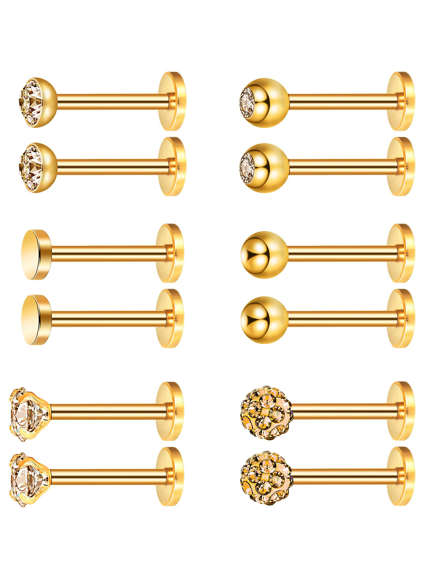 Sumind Nose Studs 16G tragus piercing jewelry Tragus Earrings Lip Rings Diamond Crystal Stainless Steel Labret Bars Body Piercing Jewelry, 6 Designs(Gold)