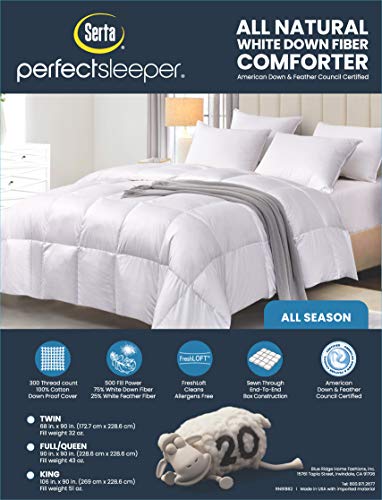 Serta White Down Feather Fiber Comforter Queen Size, All Seasons Warmth 300 Thread Count White Down Duvet Insert 500 Fill Power Fluffy Comforter with 100% Cotton Down Proof Cover