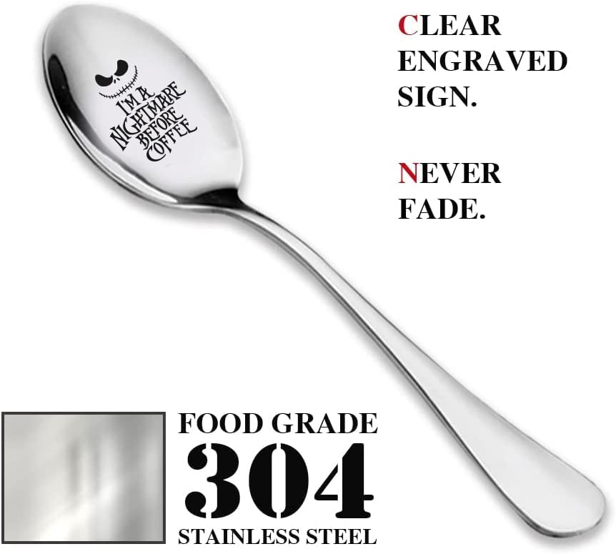 TyM I am a nightmare before coffee Engraved Stainless Steel spoon for coffee tea cereal ice cream - Engraved gift for him/her - 7 inch Sturdy handle and food safe engraving
