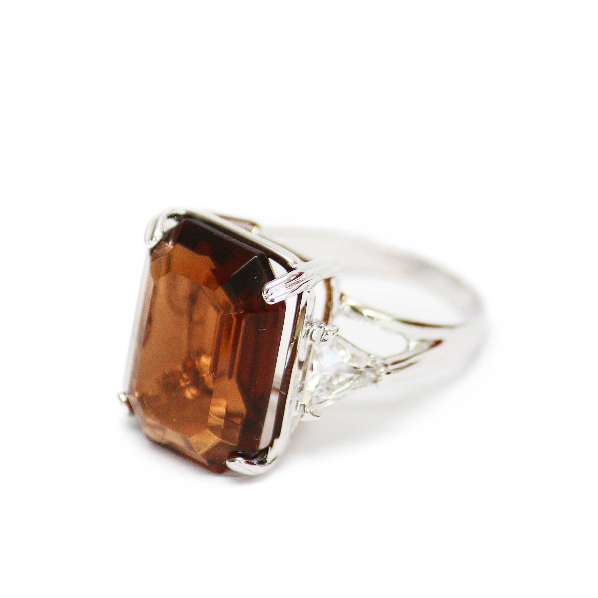 Providence Vintage Jewelry Cocktail Ring Smoky Topaz and Clear Austrian Crystals Rhodium Plated