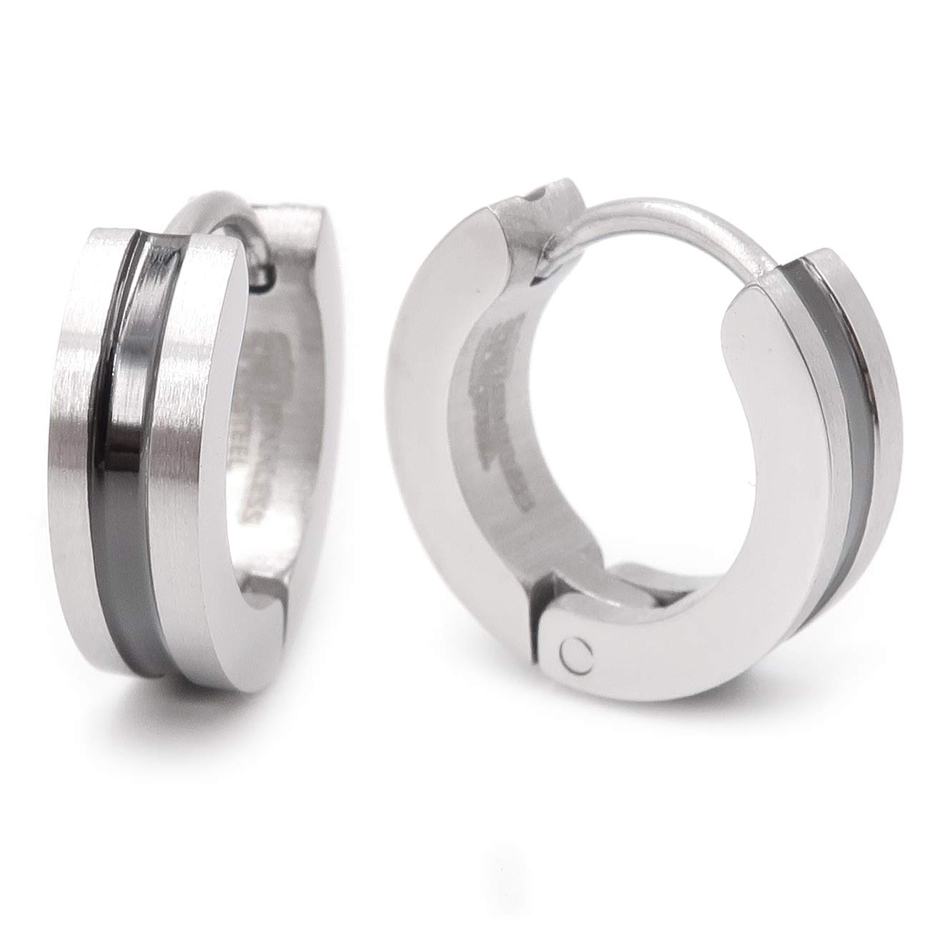 Pair Stainless Steel Silver Color Black Stripe Hoop Earrings