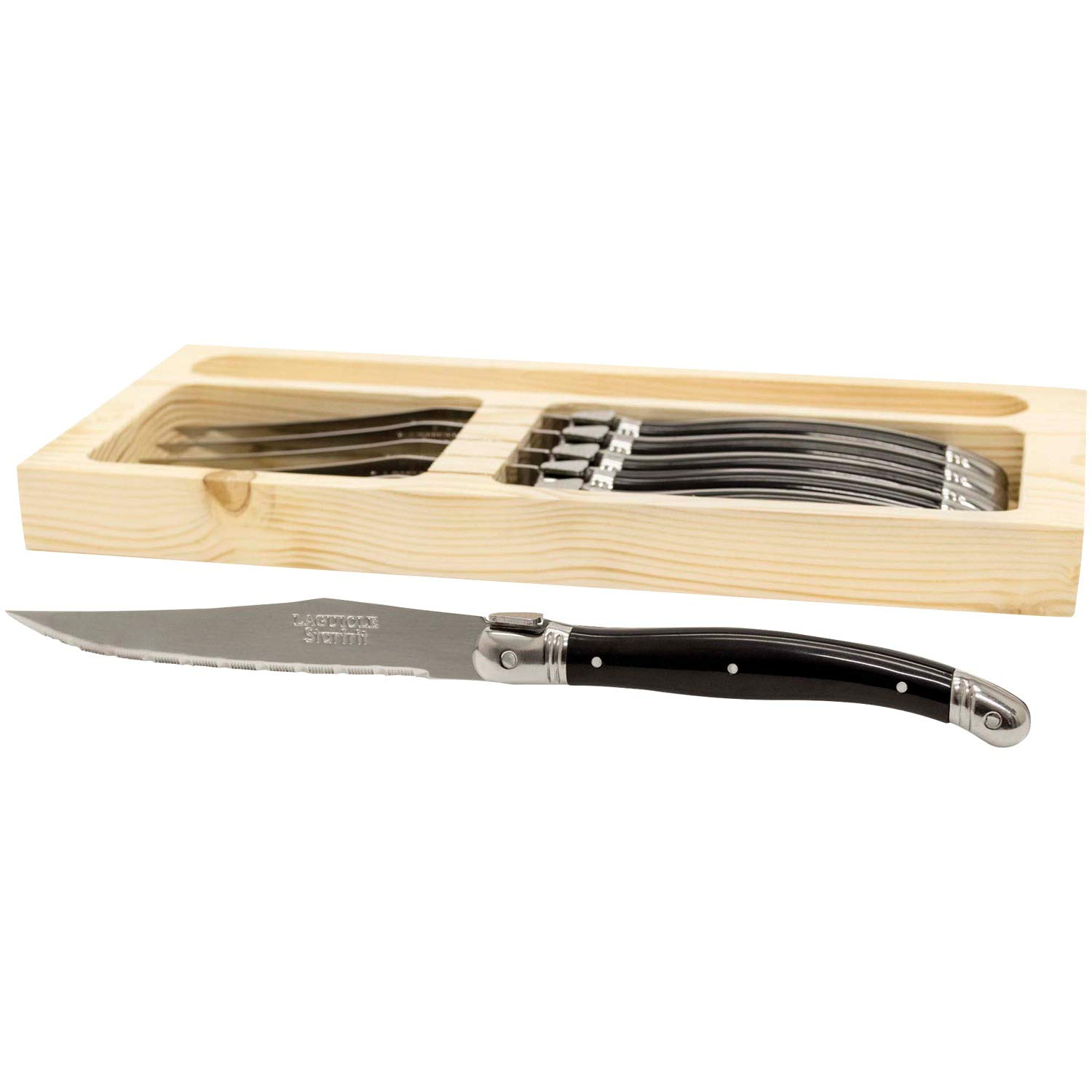 Starfrit 6-Piece European-Style Steak Knife Set with Pinewood Storage Box, Stainess Steel/Black