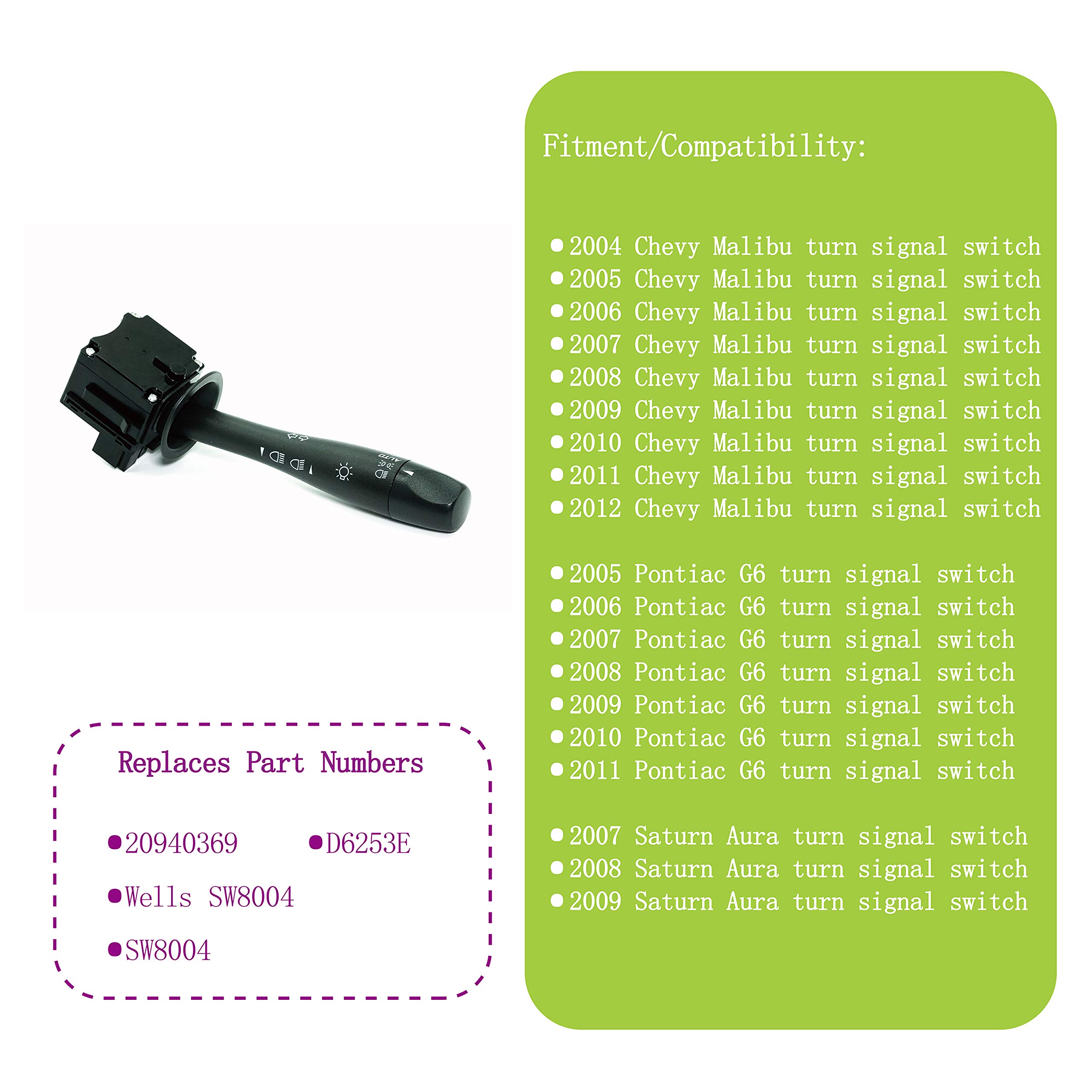 Turn Signal Switch Headlamp Switch D6253E SW8004 20940369 Compatible for 2004-2012 Chevy Malibu 2005-2011 Pontiac G6 2007-2009 Saturn Aura
