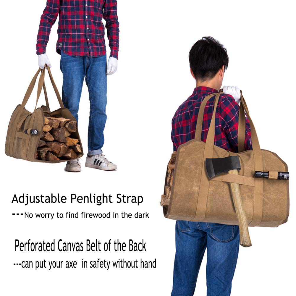 Vcedas Heavy Duty Waxed Canvas Log Carrier Tote Bag, Firewood Holder, Fireplace Stove Accessories Storage Bag (Khaki)