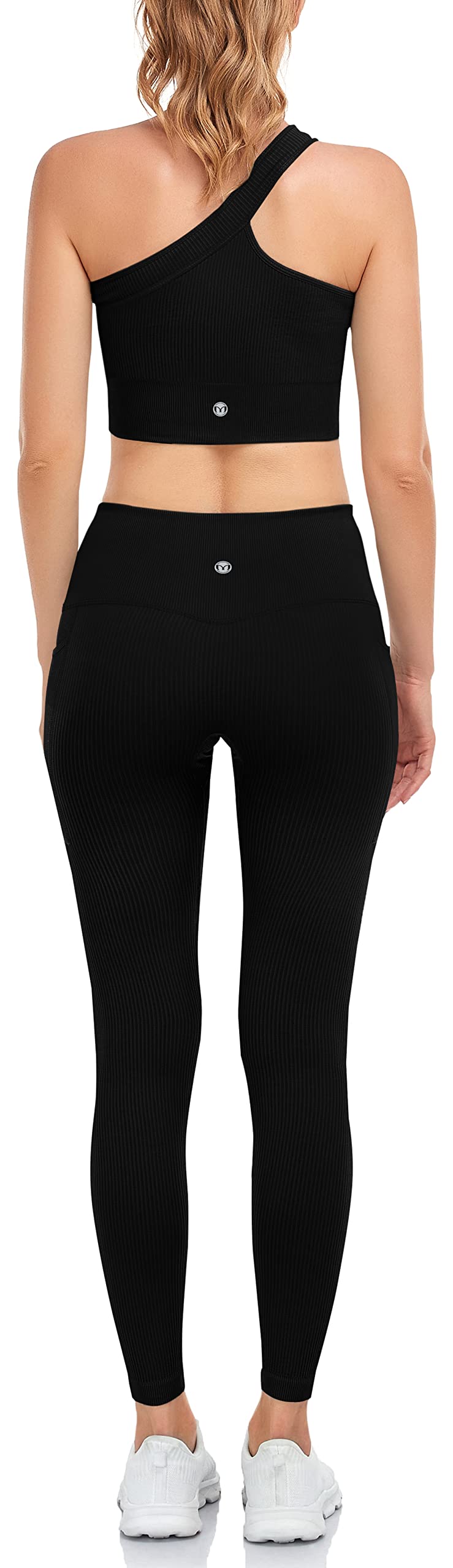Women's Yoga Workout 2 Piece Seamless Sets with Ribbed Design, High Neck or One Shoulder Strap Top