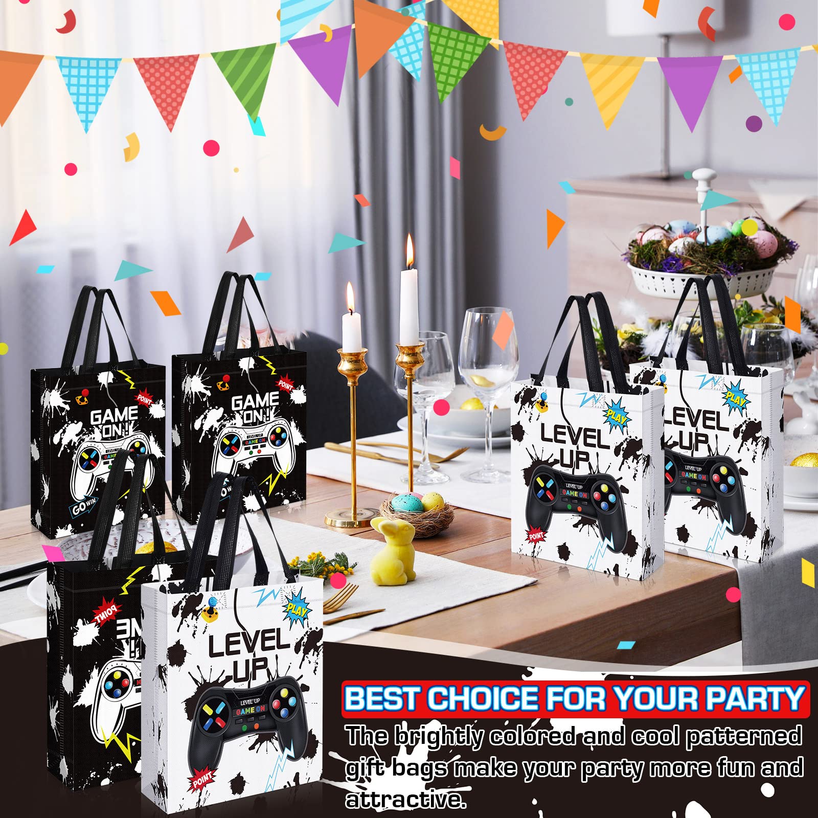 Sweetude 30 Pcs Video Game Gift Bag with Handle Game Party Supplies Reusable Gaming Non Goody Bag for Girl Boy, 2 Styles(Black, White)