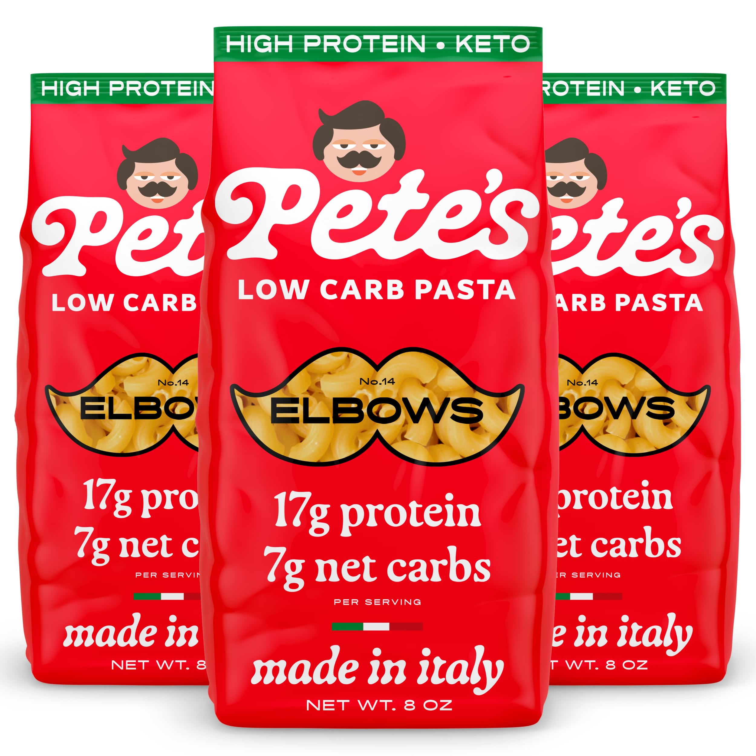 Pete's Pasta 3 Pack Elbow Noodles Pasta 8oz – 7g Low Carb Pasta – 17g High Protein Pasta – Authentic Italian Keto Pasta Noodles – Healthy Low Calorie Elbow Pasta – Wheat Pasta Imported from Italy