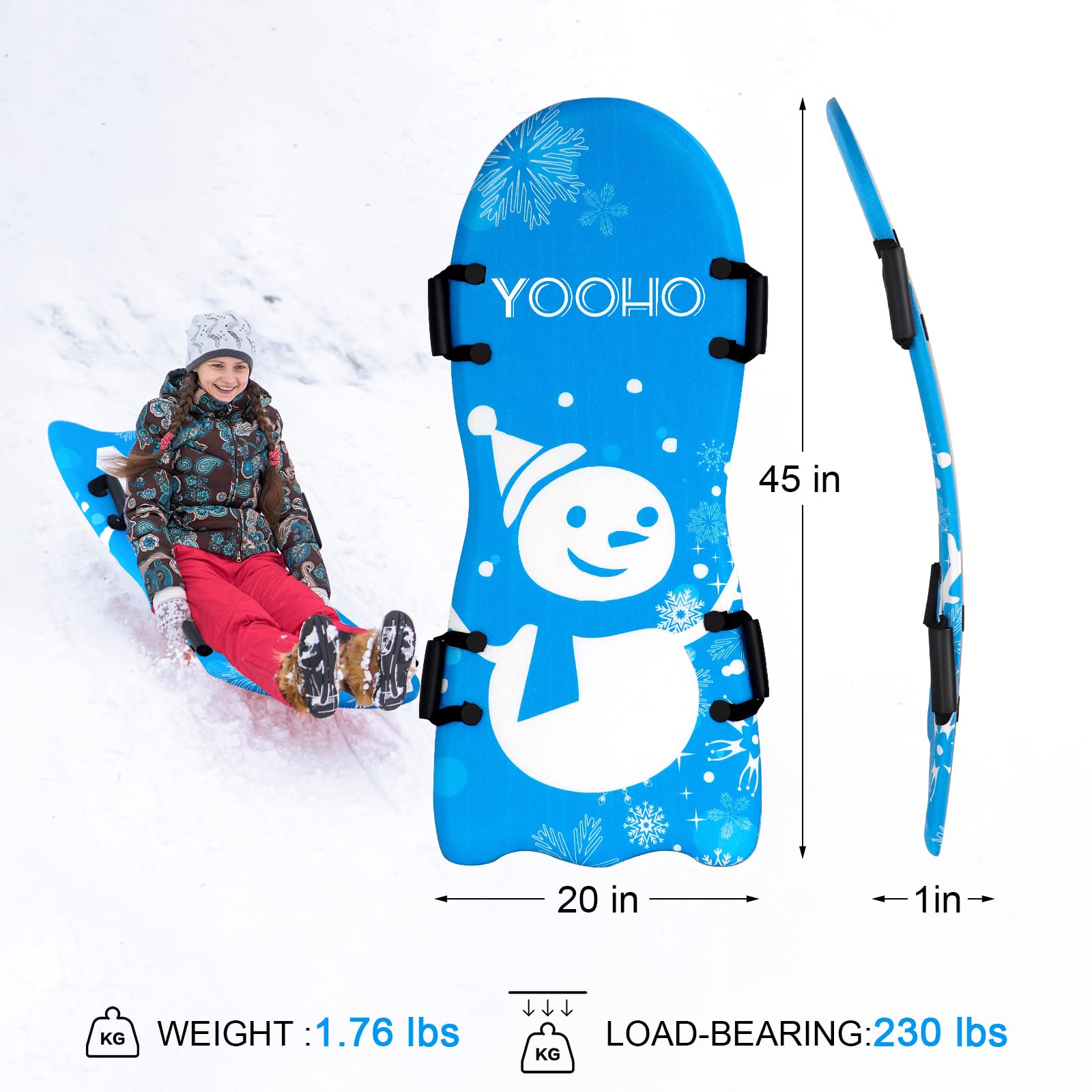 YOOHO Snow Sleds 2 Person-45 inch Foam Sleds for Kids and Adult with Handles, Durable Slide Board Toboggan Super Lightweight with PE Core and Slick Bottom -1 Pack
