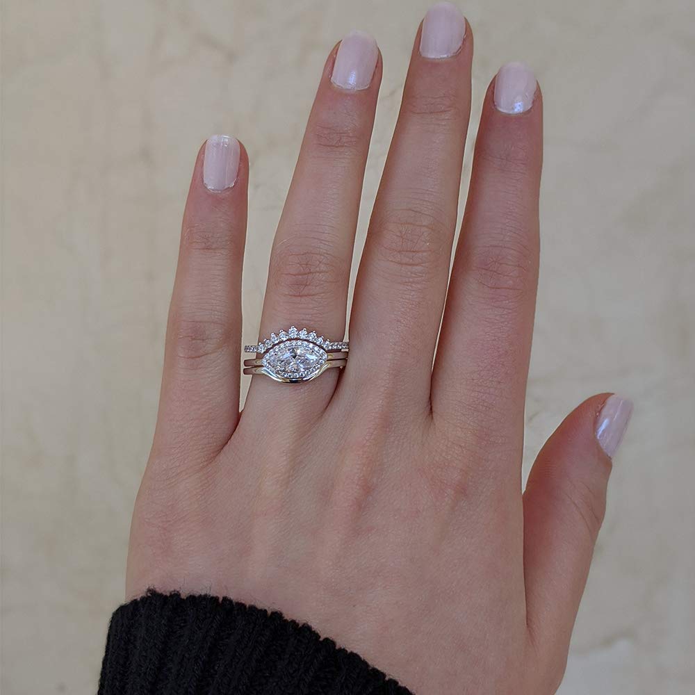 TwoBirch 18k White Gold Microplated East West Marquise Three Ring Bridal Set with Plain Contour Band and Tiara Prong Style Curved Ring (925 Silver, Size 7)