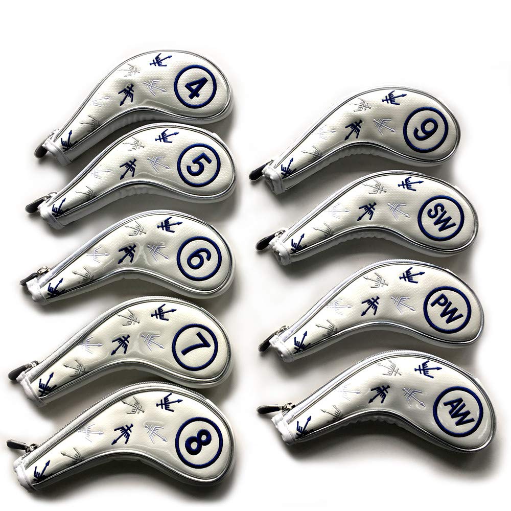SUNBRO Golf 9pcs (4,5,6,7,8,9,A,P,S) Enamel Luxury Embroidery Greek Culture Poseido Trident Golf Iron Cover Headcovers Head Cover Set Suitable for Right & Left Handed Zipper Closure (WhiteBlue)