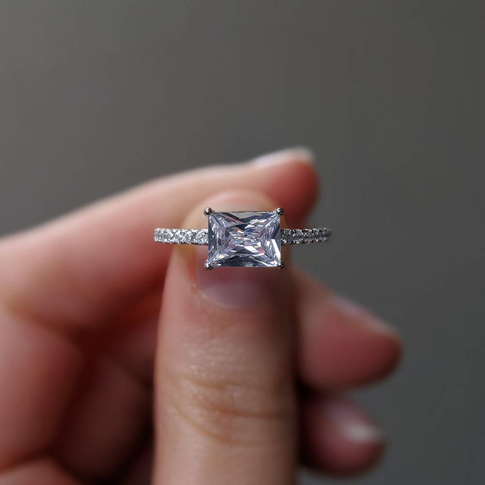 TwoBirch East West Baguette Cut Prong Set Engagement Ring in 18k White Gold Plated Sterling Silver and Cubic Zirconia (Size 8)