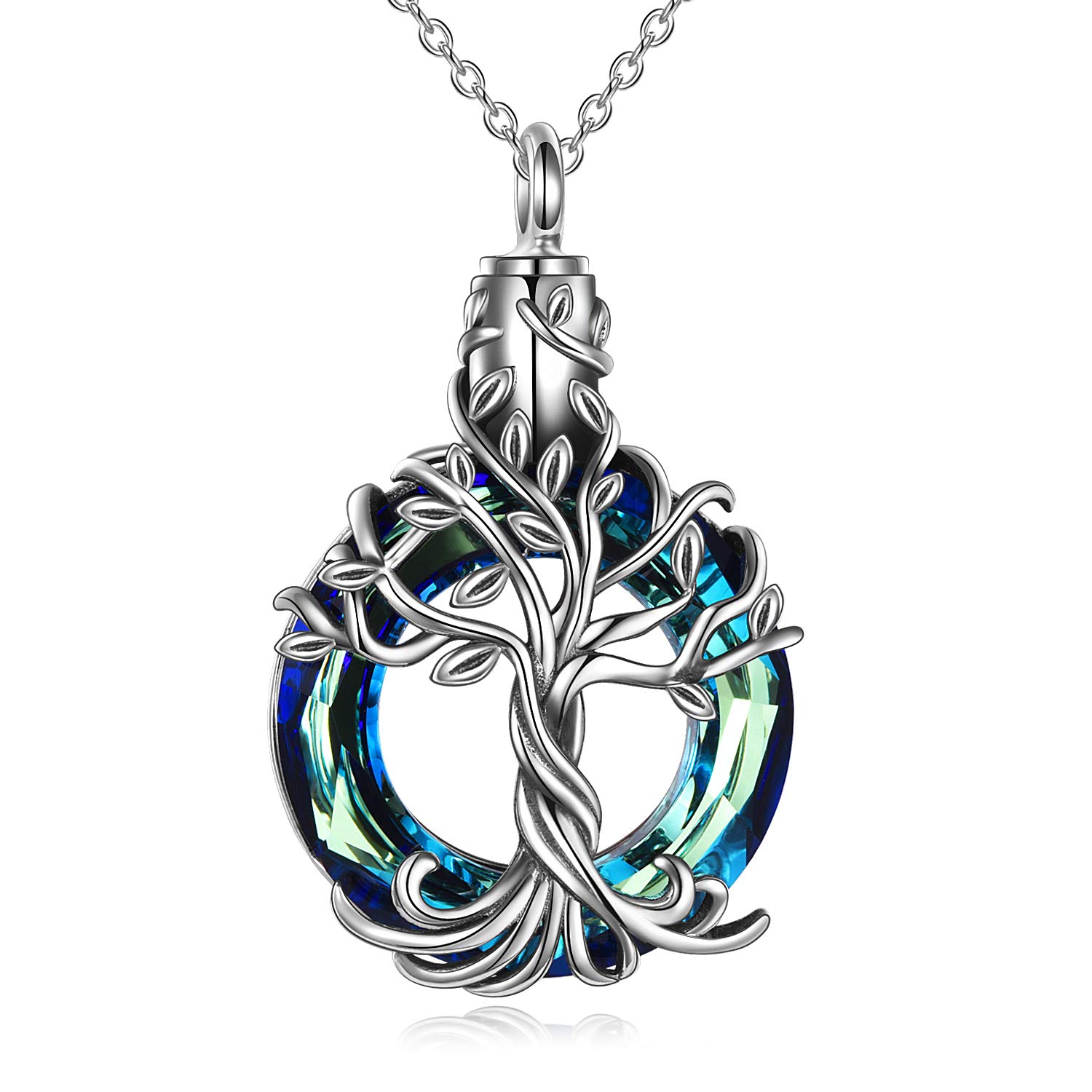 TOUPOP Cremation Jewelry Sterling Silver Tree of Life Urn Necklace for Ashes with Blue Circle Crystal Keepsake Jewelry w/Funnel Filler Gifts for Women Girls Friend