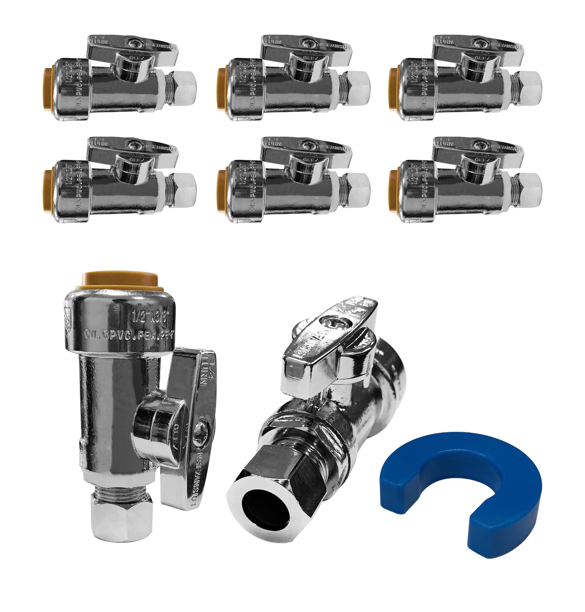Straight Shut Off, 6-Pack Push Fit Water Stop Valve 1/2" Ptc x 3/8" Compression with Disconnect Clip, Push-to-Connect, PEX, Copper, CPVC, PE-RT, 1/4 Turn ON/Off, Safe Brass Material (6 pcs)