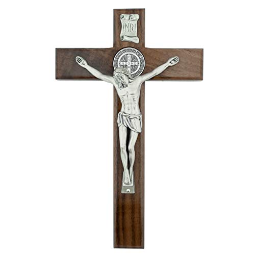 Wooden Wall Cross with Saint Benedict Medal | Beautiful Silver-Tone Jesus | Solid Dark Stained Wood | Ready to Hang on Wall | Great Gift for Baptism, New Home, Weddings | Made in Italy