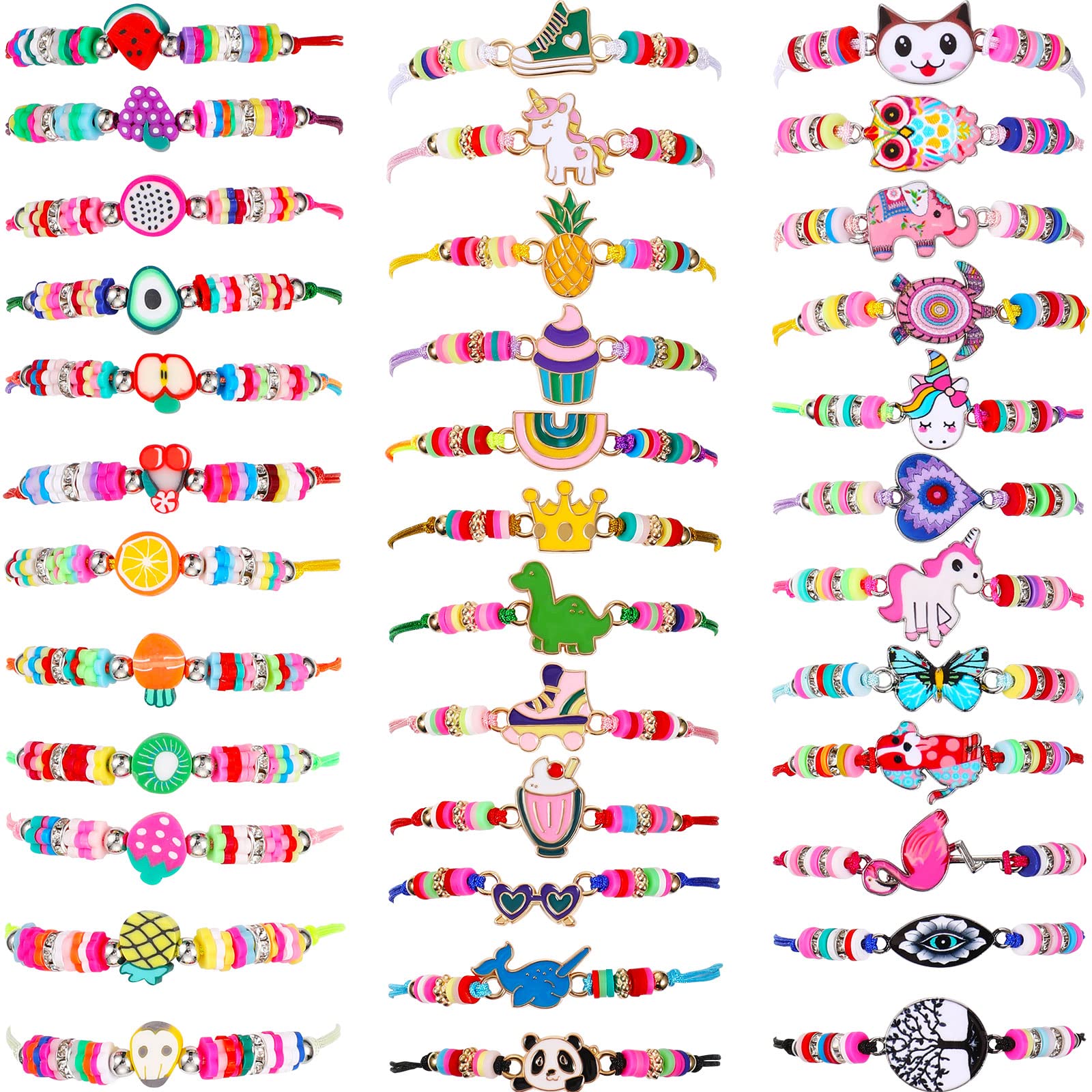 Yinkin 36 Pcs Girls Women Bracelets Jewelry Animal Fruit Unicorn Bracelet Multicolor Adjustable Friendship Bracelets for Party Favors Pretend Play Bracelets