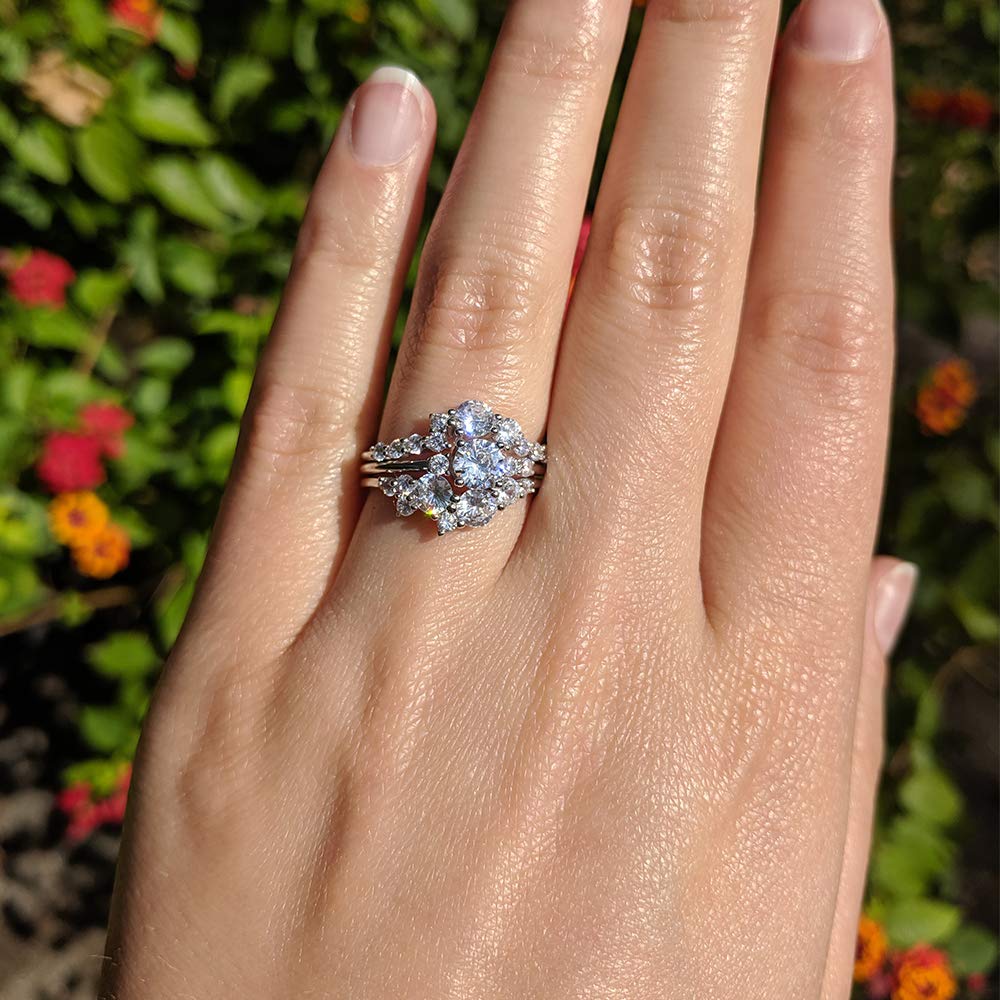 TwoBirch Floral Design Ying Yang Ring Guard and Engagement Ring Bridal Set (2 Rings) Diamond Simulant White Gold (Size 9)