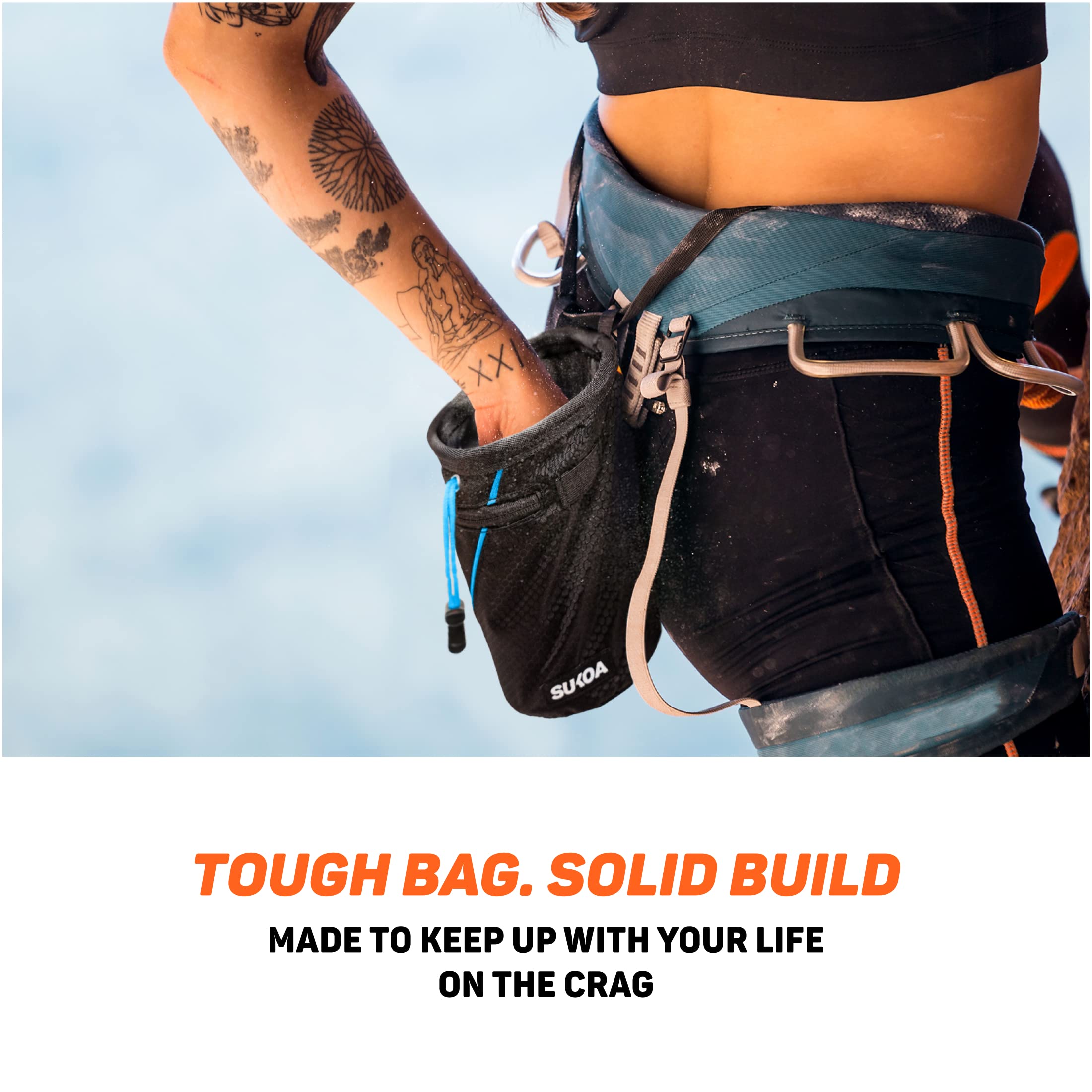 Sukoa Chalk Bag for Rock Climbing - Bouldering Chalk Bag Bucket with Quick-Clip Belt and 2 Large Zippered Pockets - Rock Climbing Gear Equipment (Blue)
