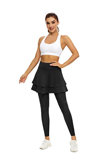 WOWENY Tennis Skirted Leggings with Pockets for Women Golf Skapri Leggings with Skirt (M, 2-Layer Black)