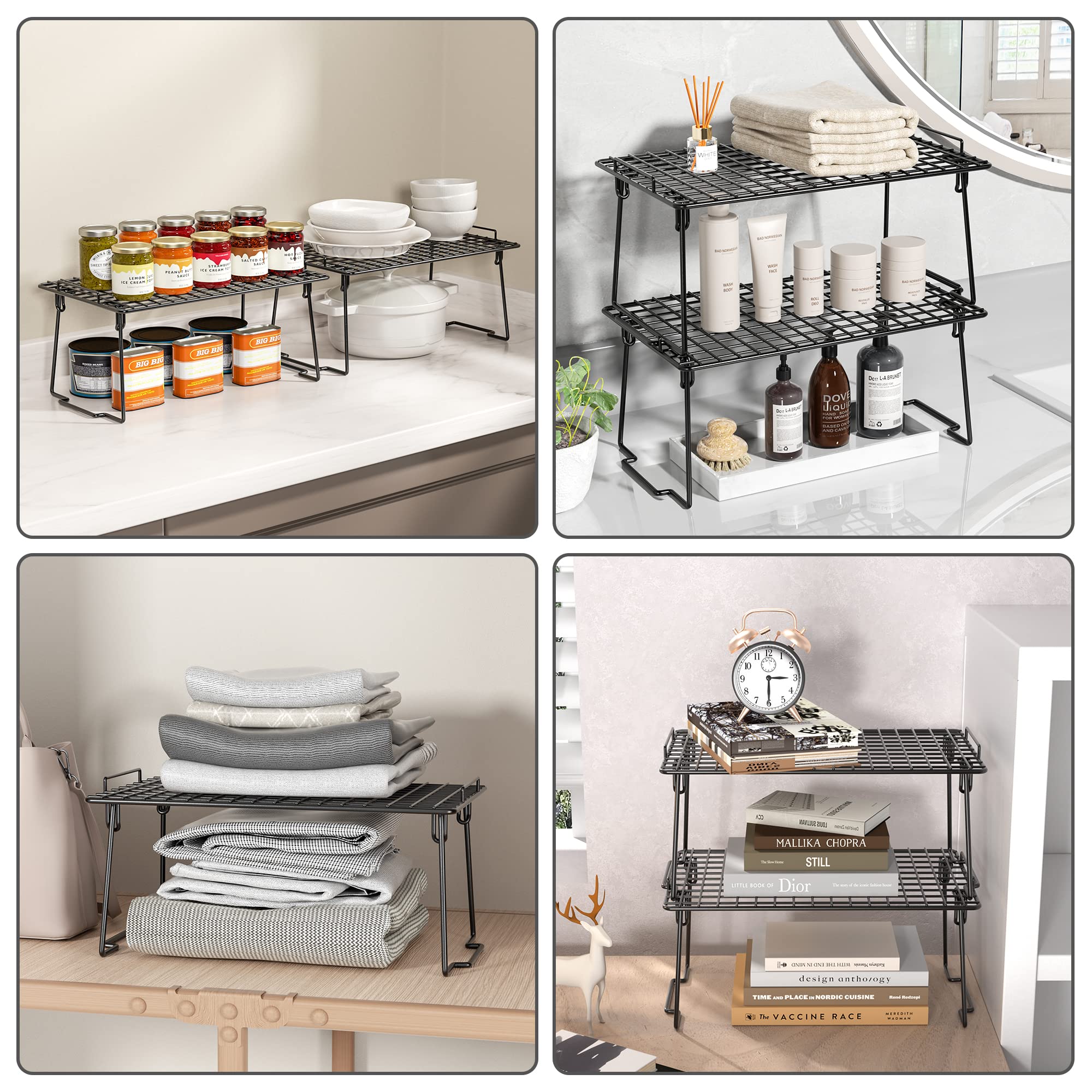 Set of 2 Stackable Kitchen Cabinet Shelves Organizer,Expandable shelf racks for kitchen cabinets,Foldable Spice Rack pantry organizer cabinet wire shelf organizer,Cupboard Organiser stacking shelving