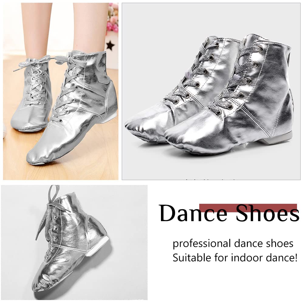 TINRYMX Jazz Shoes PU Leather Lace-up Elastic Slip On Split Sole Jazz Shoe for Women&Men Dance Shoes,GBPU-Silver-Suede Sole,7 US