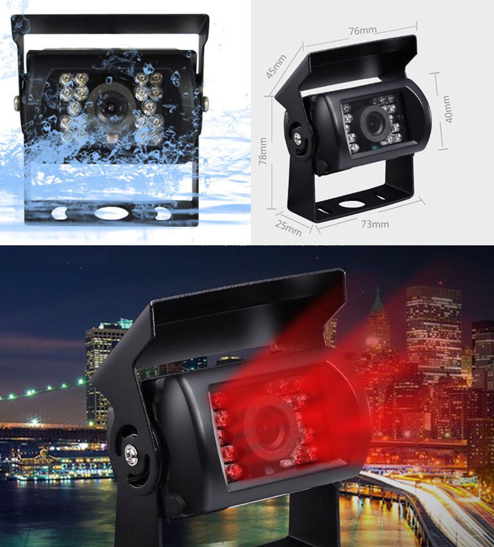 Vehicle Backup Camera and 7 inch Screen Monitor System 12V/24V,2 x IR Night Vision Car Reverse Rear View Mirror Camera Kit with 4 Pin 15m 20m Cable for RV Bus Semi Truck Trailer 5th Camper