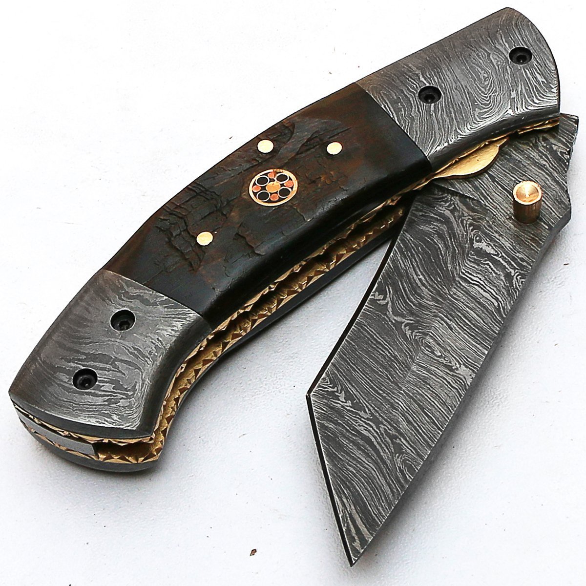 PAL 2000 KNIVES REG-8851 Custom Handmade Damascus Steel Folding Ram Handle Knife With Sheath