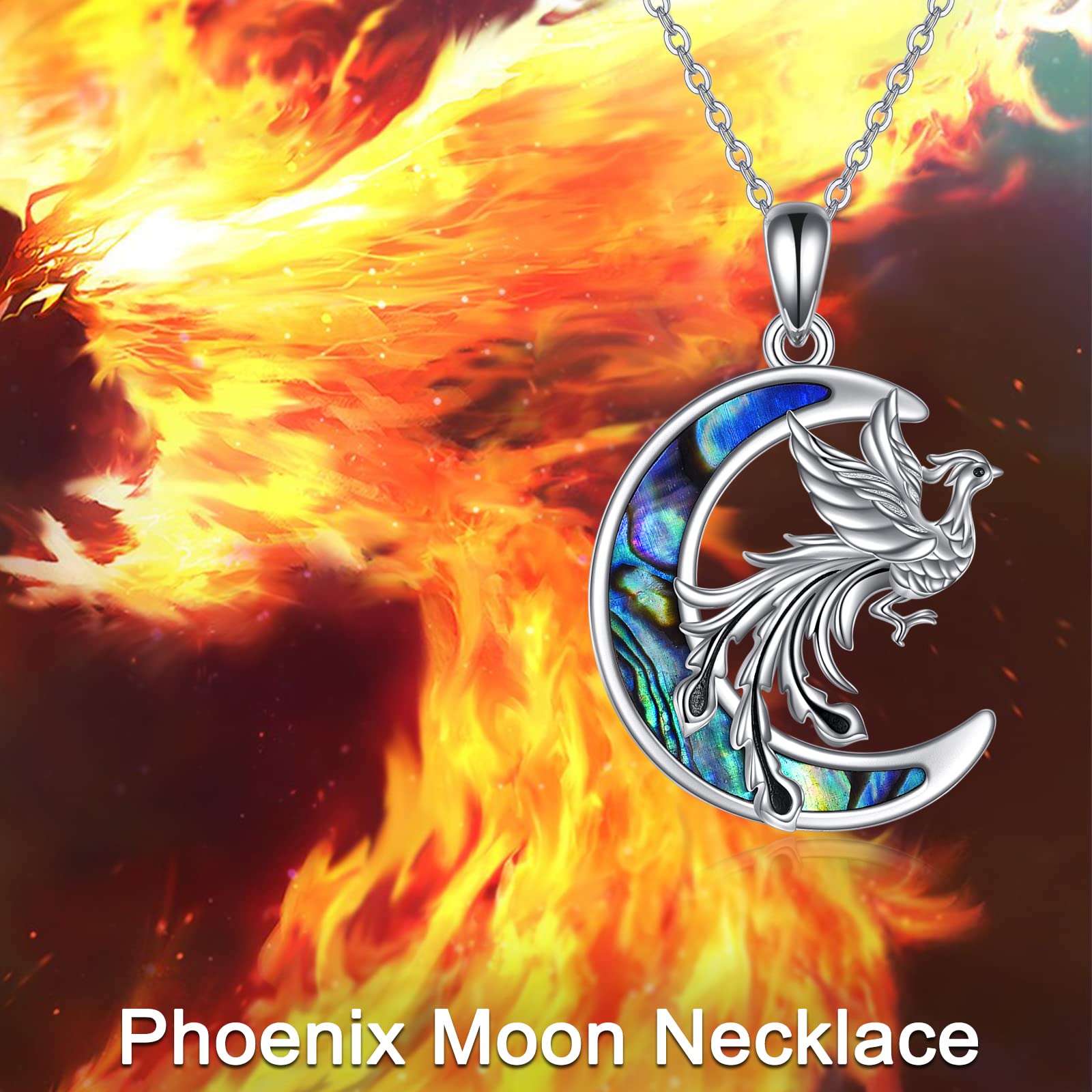 YFN Phoenix Necklace Sterling Silver Abalone Shell Crescent Moon Phoenix Pendant Necklace Nirvana of Phoenix Jewelry for Women